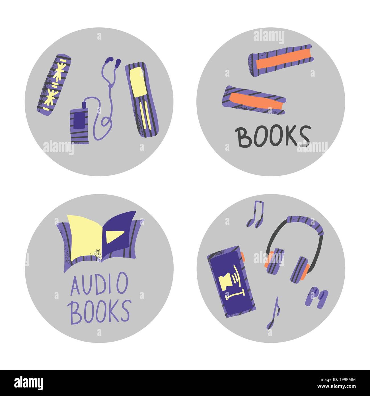 Audiobooks concept. Set of round badges with audio book symbols with ...