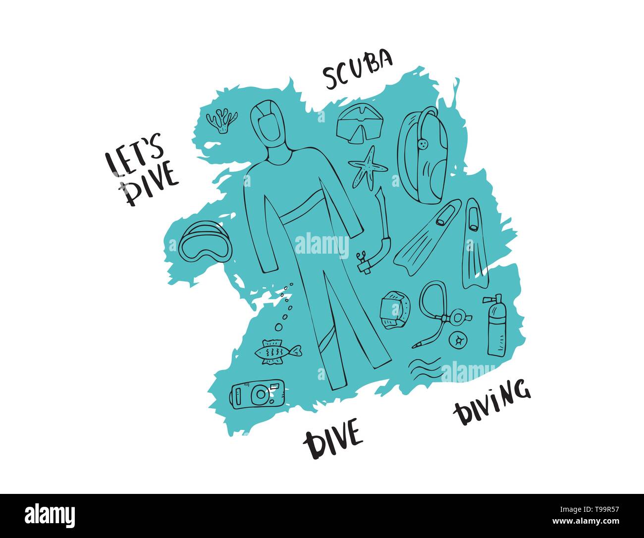 Scuba diving set of elements, lettering and equipment. Underwater ...