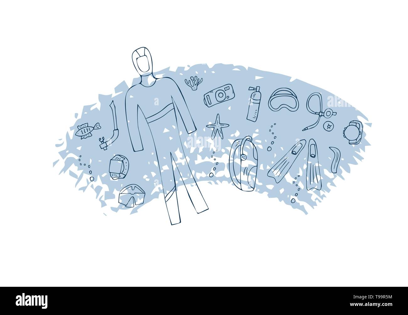 Scuba diving set of elements and equipment. Underwater activity symbols ...