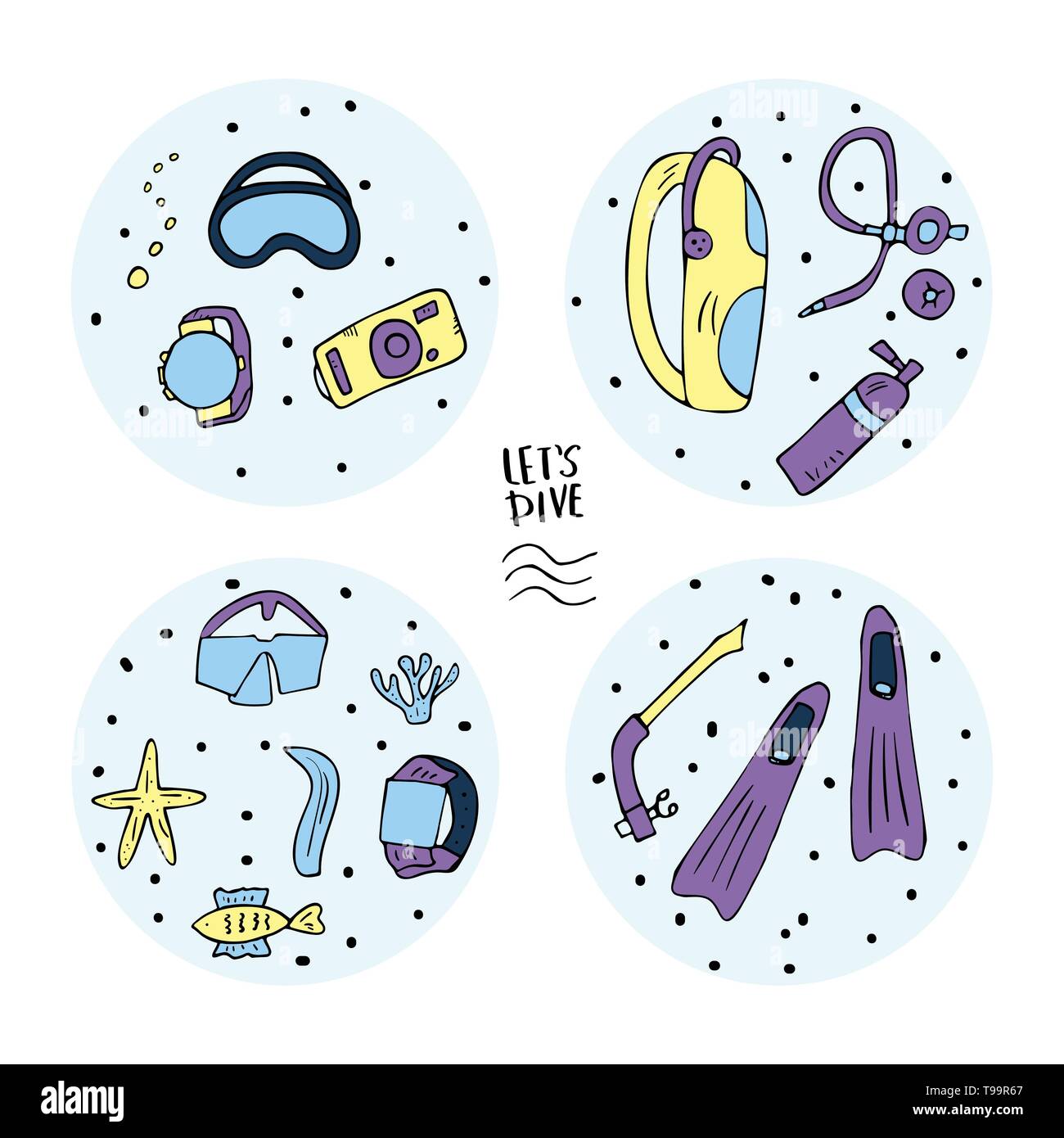 Set of round badges of scuba diving elements and equipment. Underwater ...