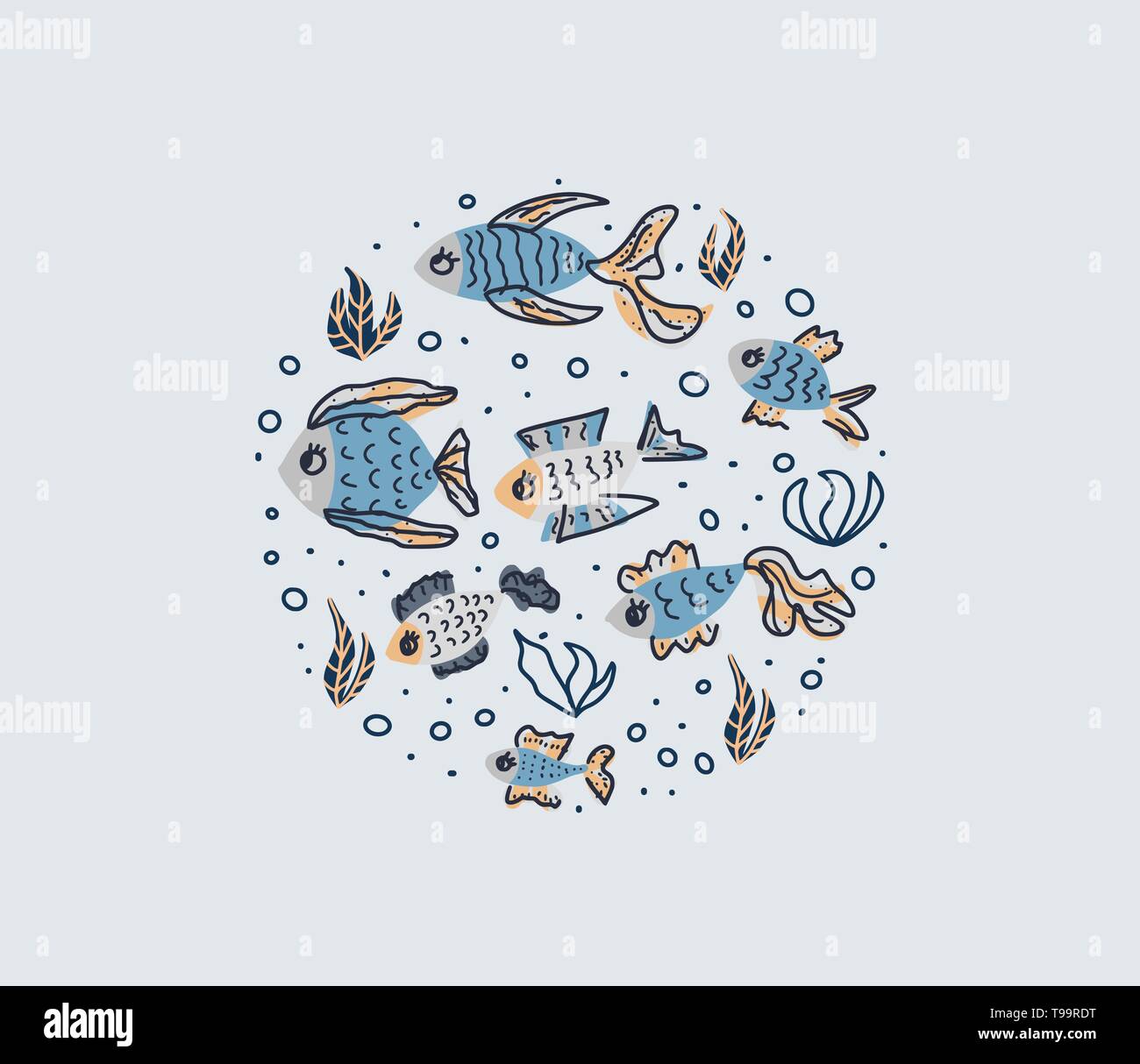 Fish collection isolated. Cute aquarium fish characters in doodle style ...