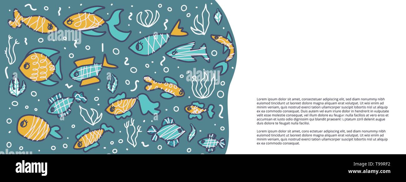 Template with fish collection. Cute aquarium fish characters in doodle ...