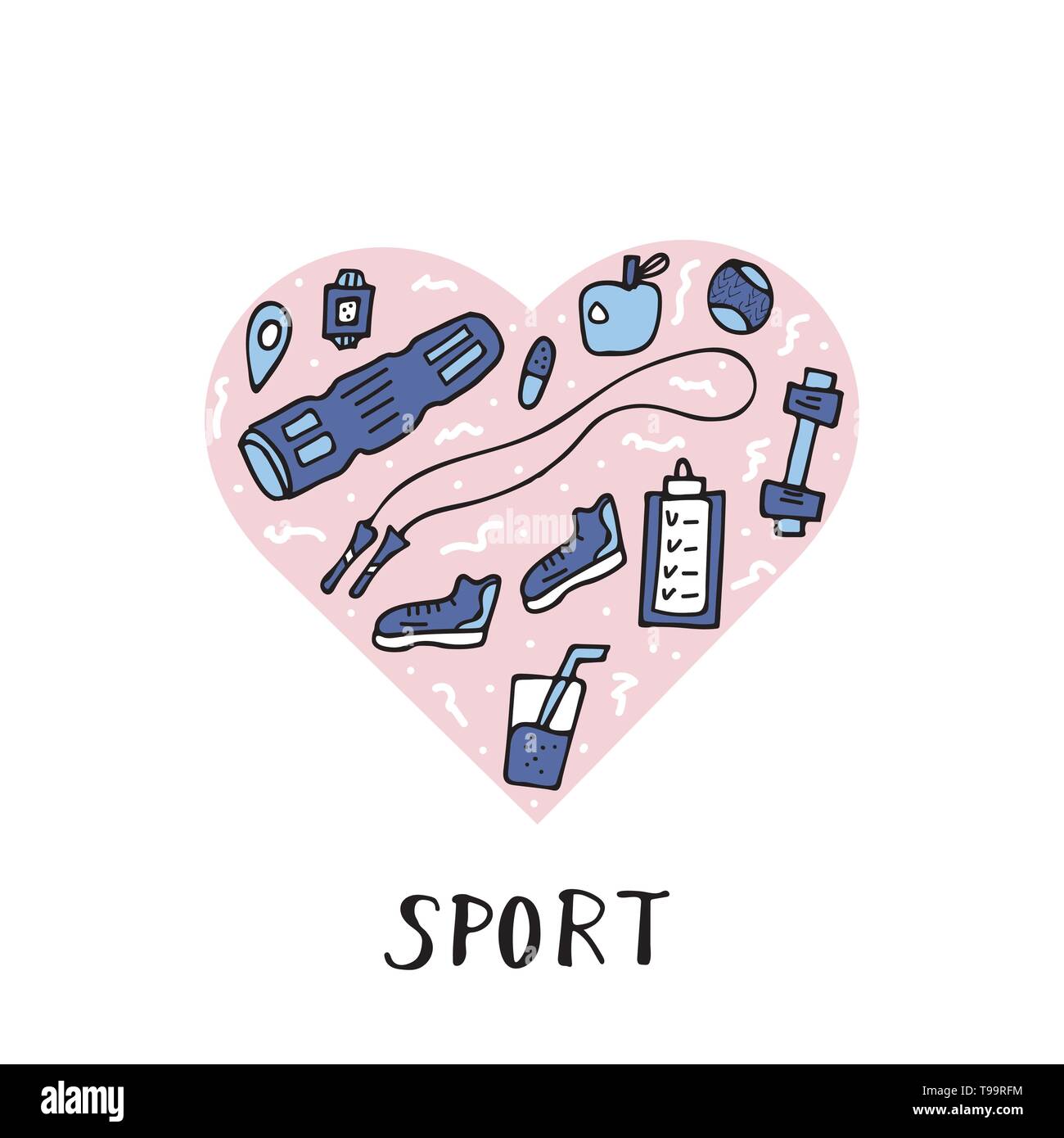 Sport activities tools, symbols in doodle style. Fitness vector concept ...