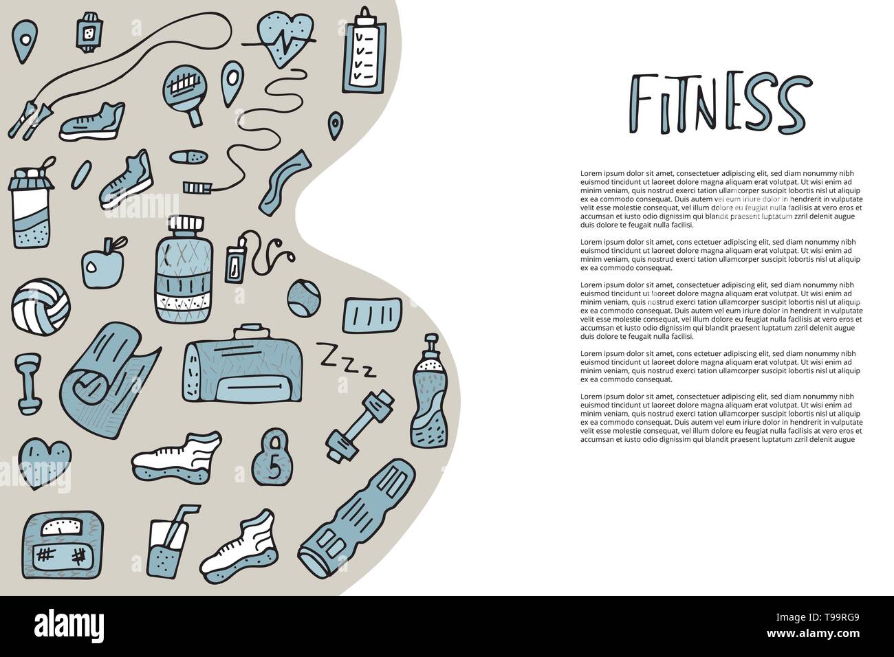 Sport activities tools, symbols in doodle style. Fitness vector concept ...