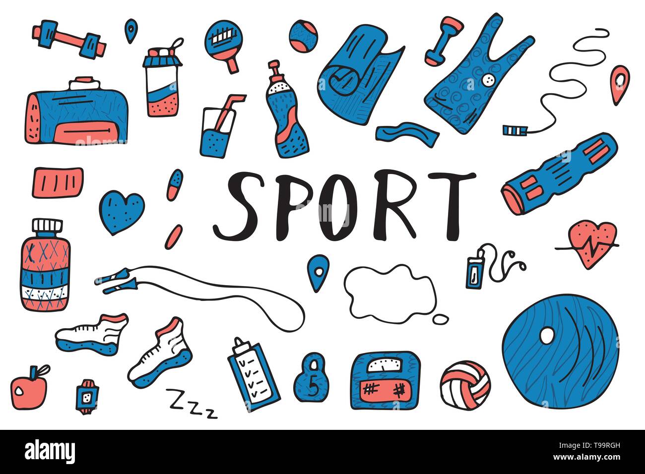 Sport activities tools, symbols in doodle style. Fitness vector concept ...