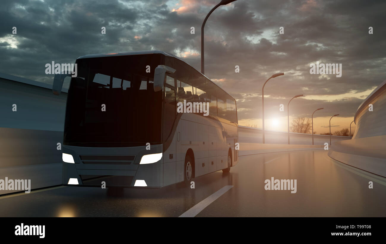 Tourist white bus driving on a highway at sunset backlit by a bright ...