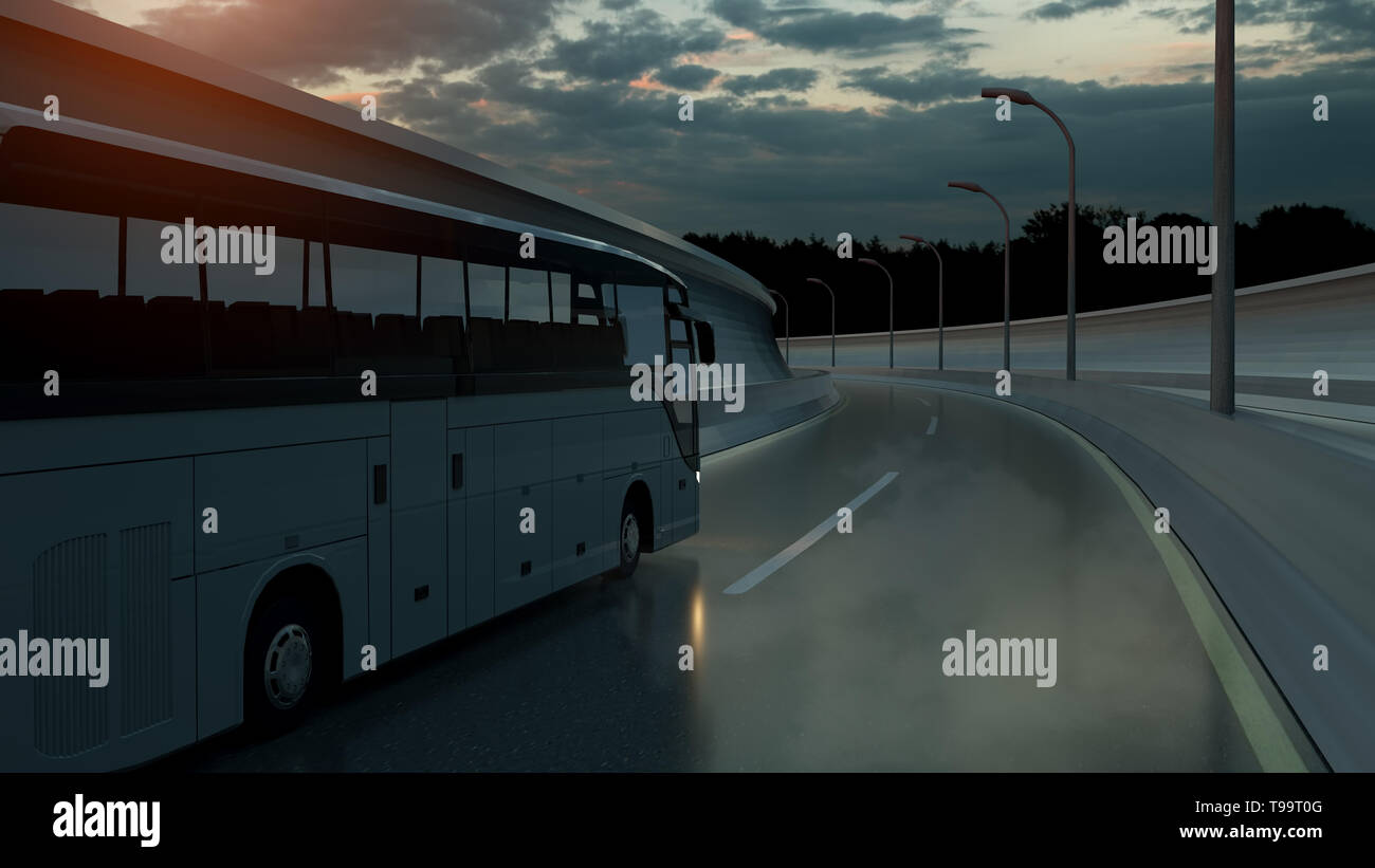 Tourist white bus driving on a highway at sunset backlit by a bright ...