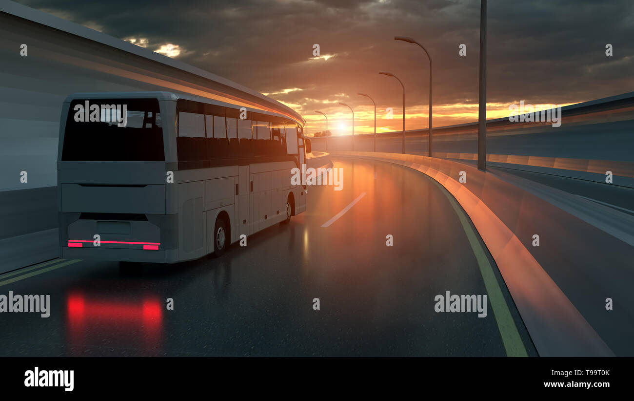 Tourist white bus driving on a highway at sunset backlit by a bright ...