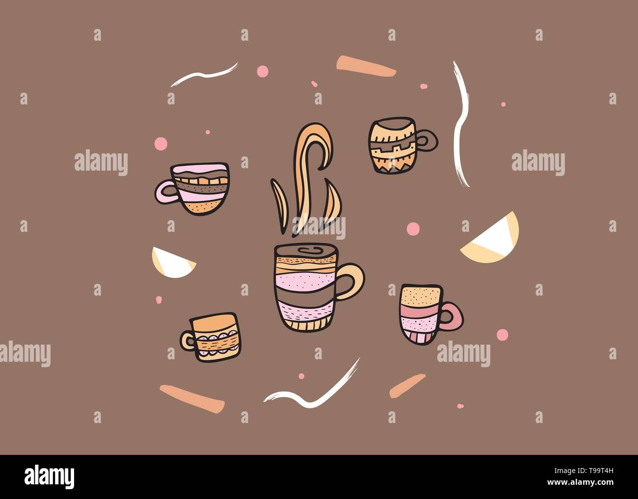 Poster template with coffee mugs. Set of cups with hot beverage in ...