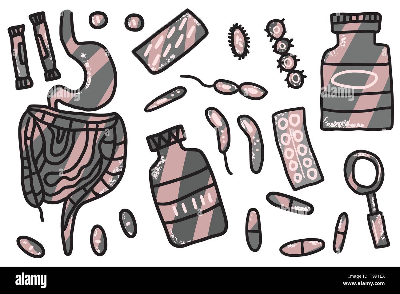 Probiotics concept. Set of treatment of digestive system symbols ...