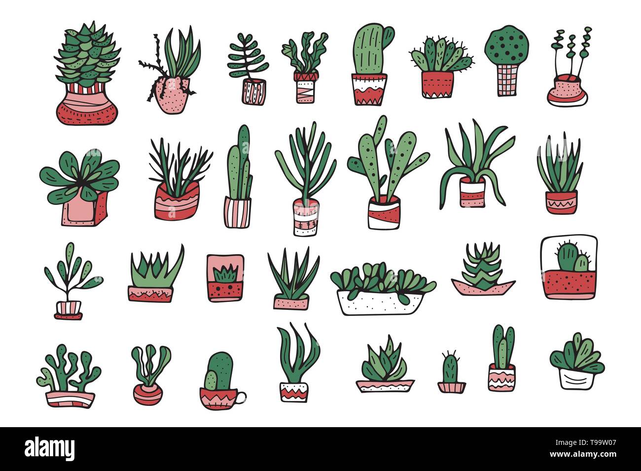 Succulents in doodle style. Set of house plants. Poster, banner ...