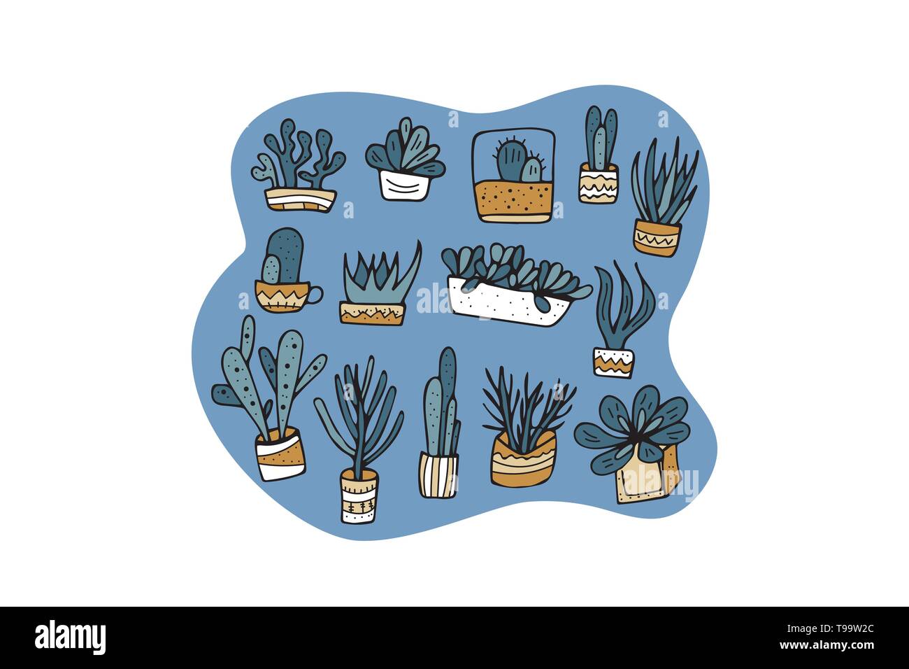 Succulents in doodle style. Set of house plants. Poster, banner ...