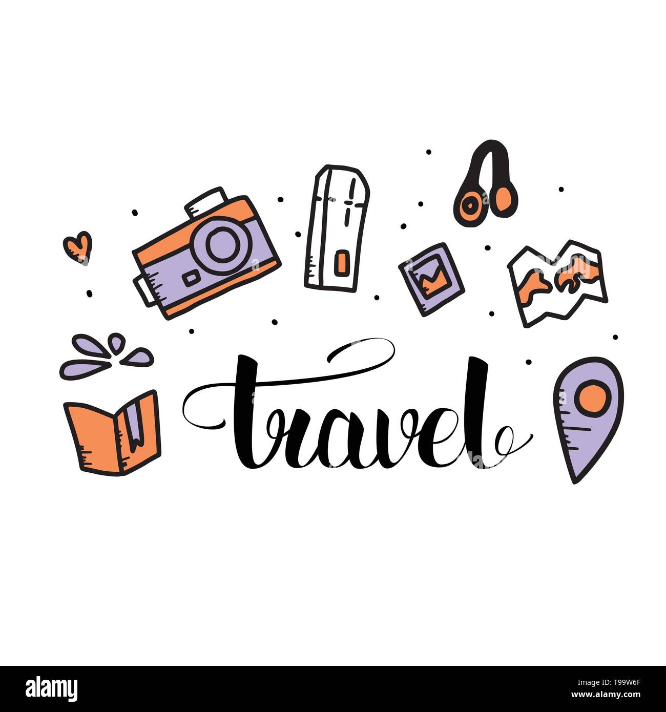 Set of travel symbols in doodle style. Hand drawn vector trip elements ...