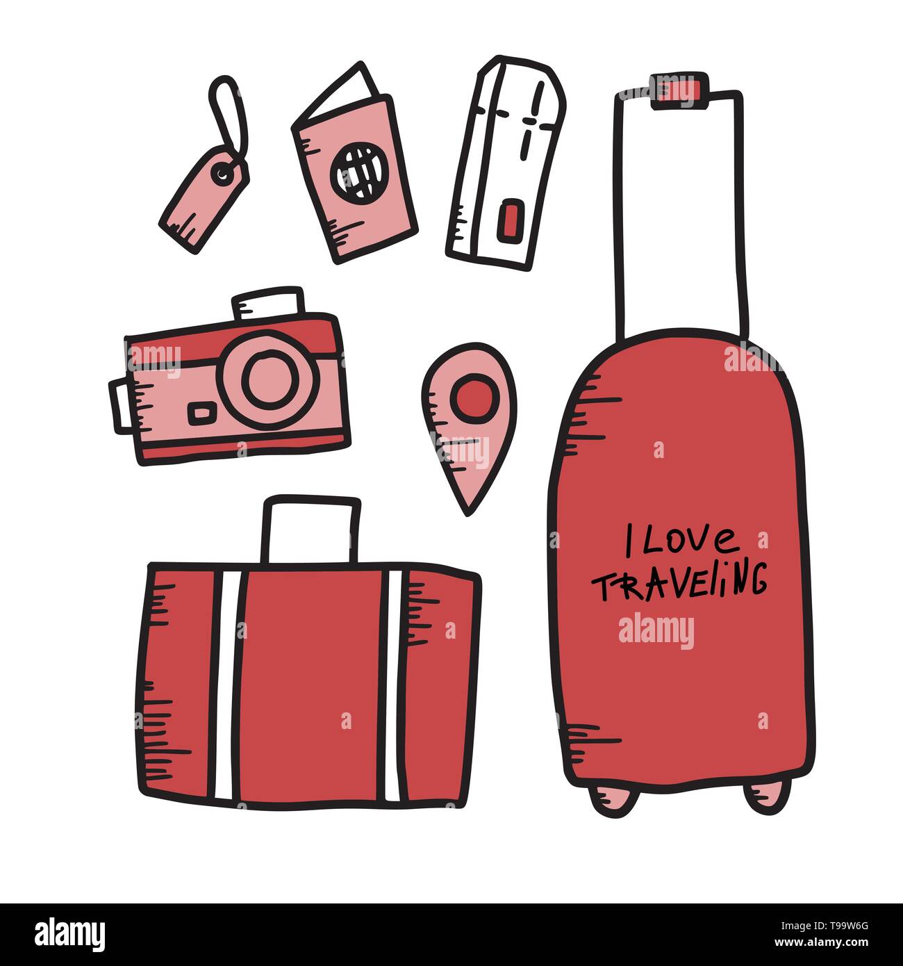 Set of travel symbols in doodle style. Hand drawn vector trip elements ...