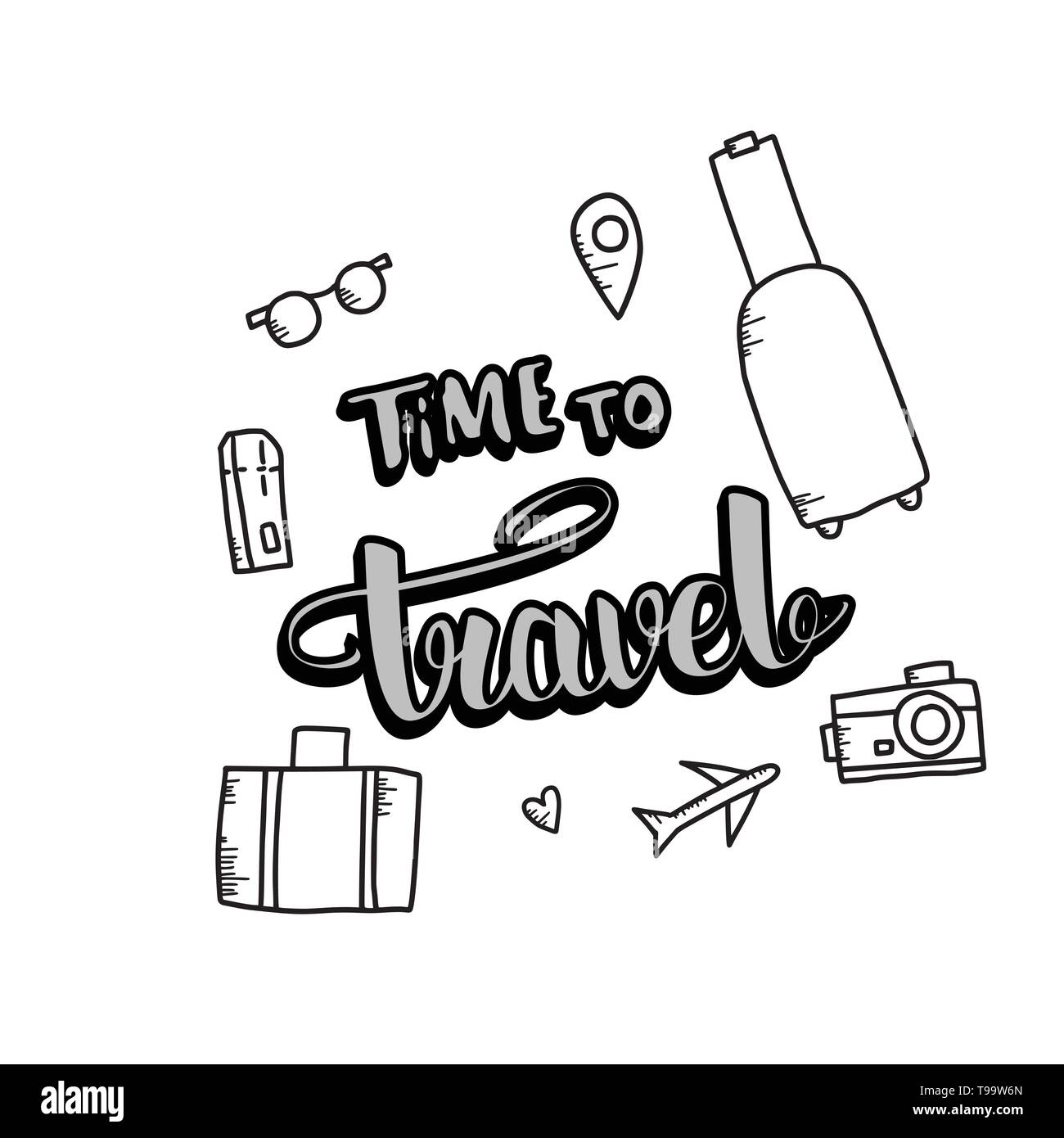Set of travel symbols in doodle style. Hand drawn vector trip elements ...