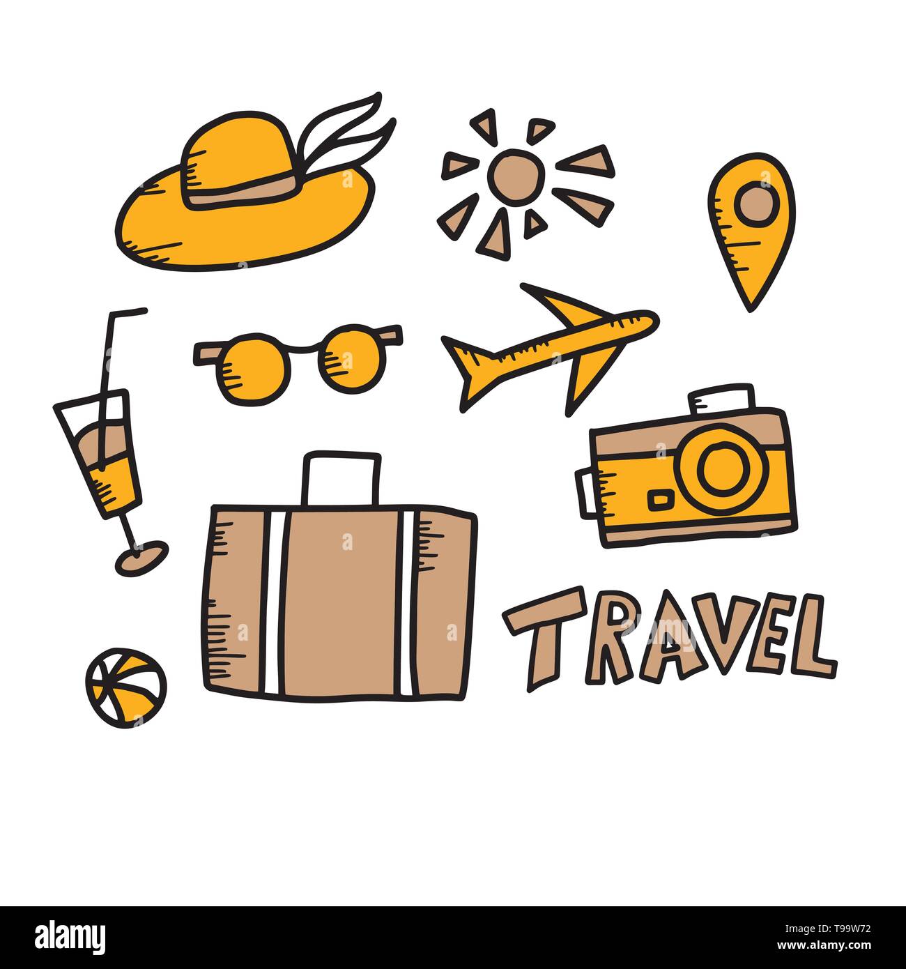 Set of travel symbols in doodle style. Hand drawn vector trip elements ...