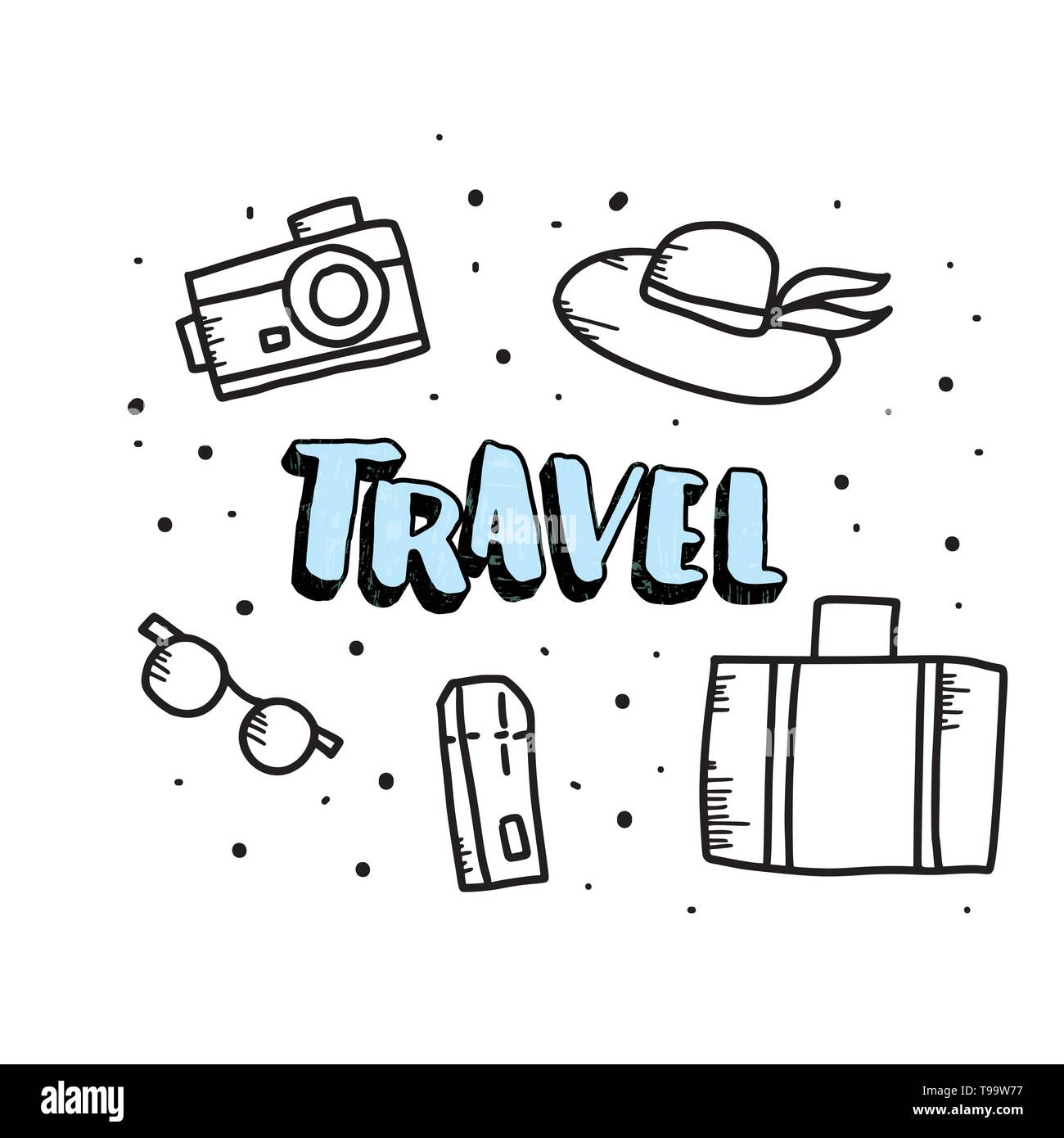 Set of travel symbols in doodle style. Hand drawn vector trip elements ...