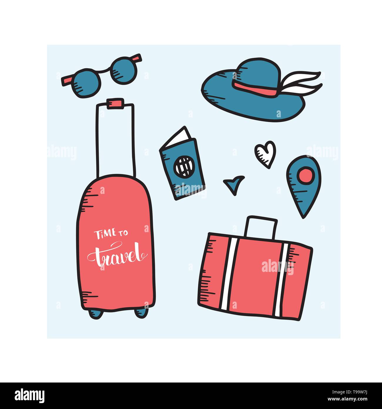 Set of travel symbols in doodle style. Hand drawn vector trip elements ...
