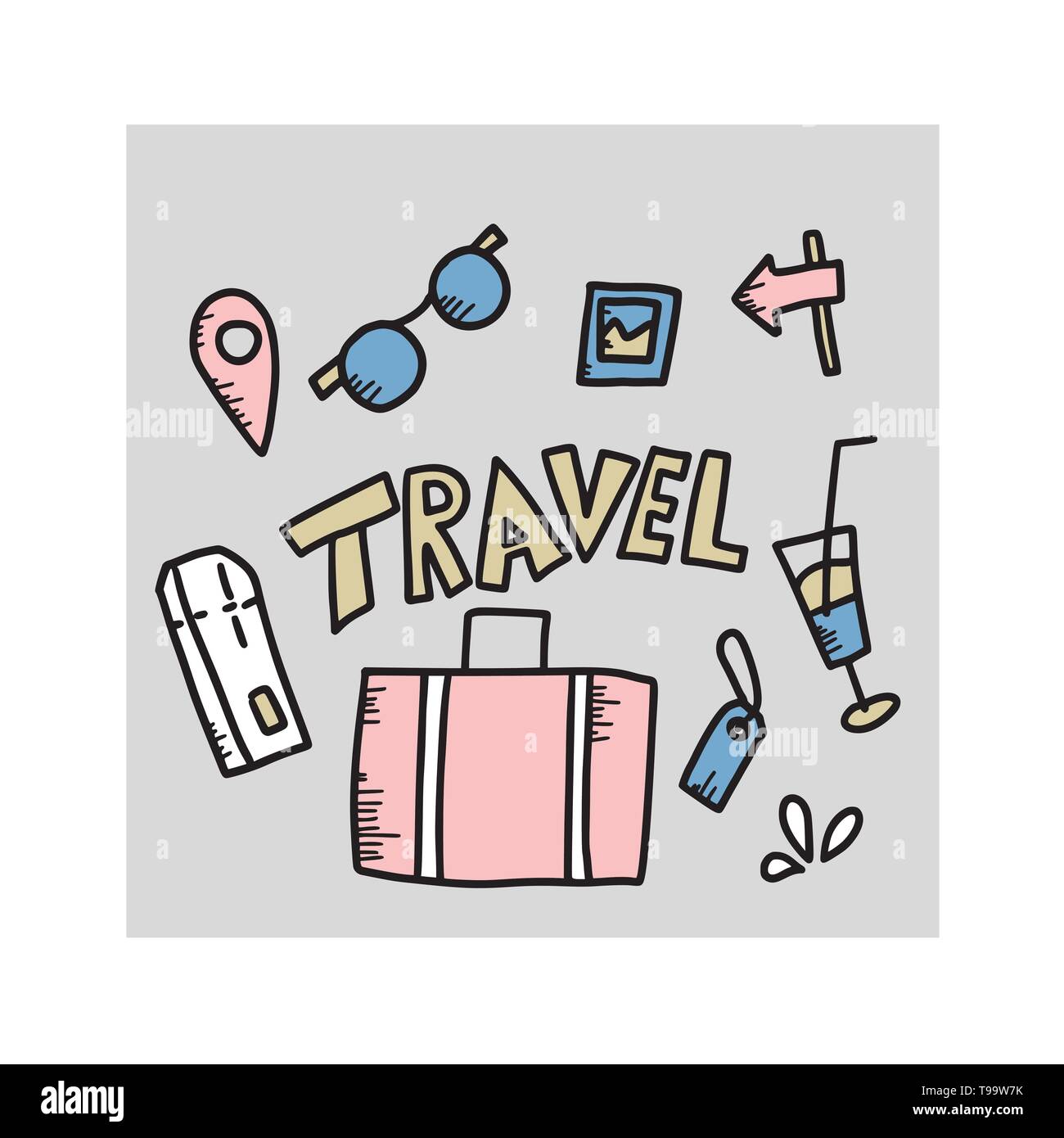 Set of travel symbols in doodle style. Hand drawn vector trip elements ...