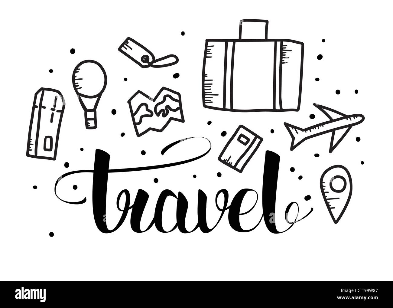 Set of travel symbols in doodle style. Hand drawn vector trip elements ...
