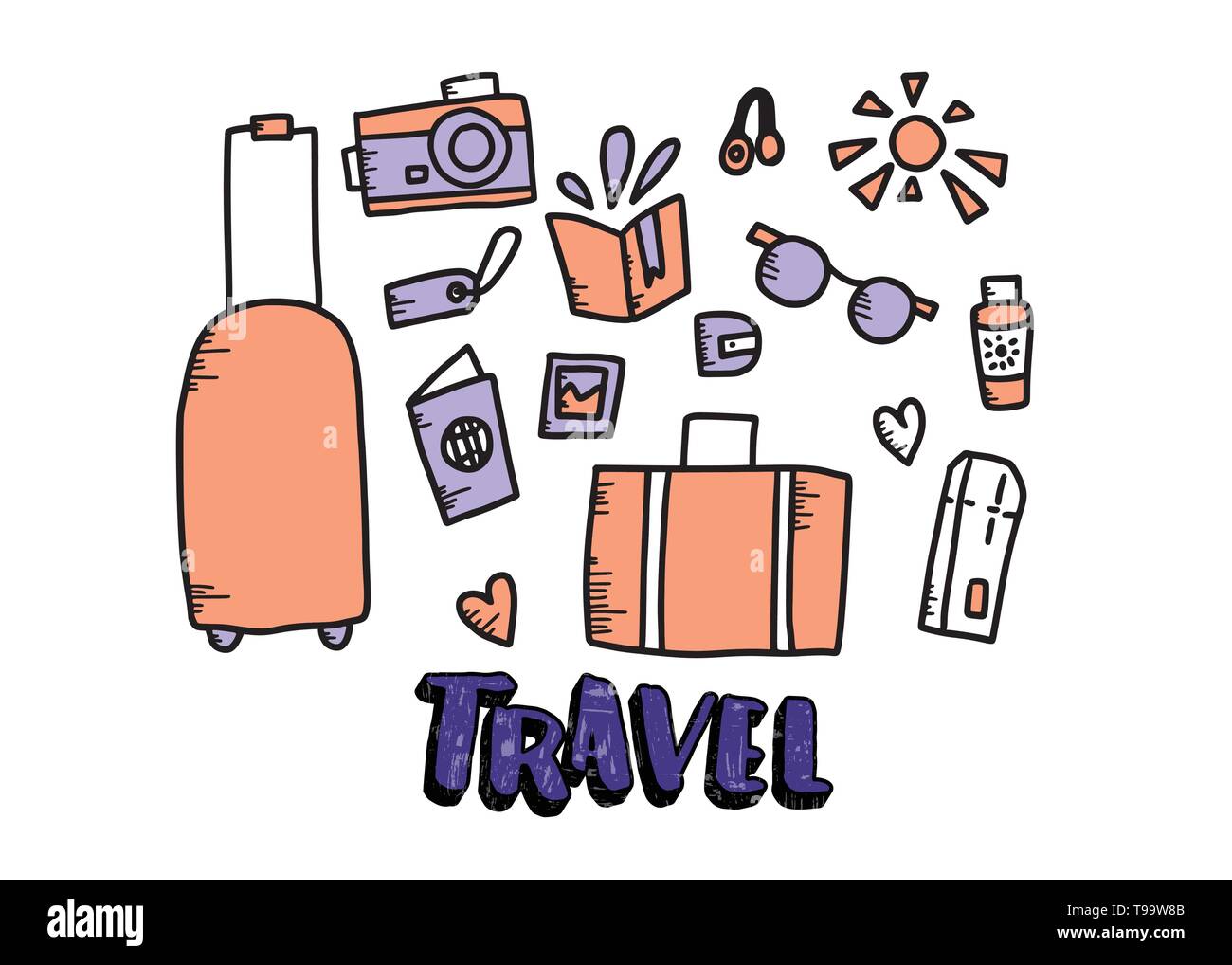 Set of travel symbols in doodle style. Hand drawn vector trip elements ...