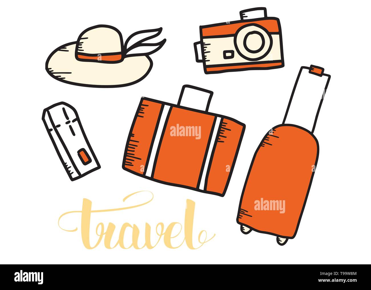 Set of travel symbols in doodle style with lettering. Hand drawn vector ...