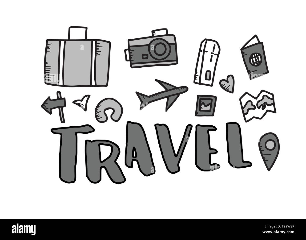 Set of travel symbols in doodle style. Hand drawn vector trip elements ...