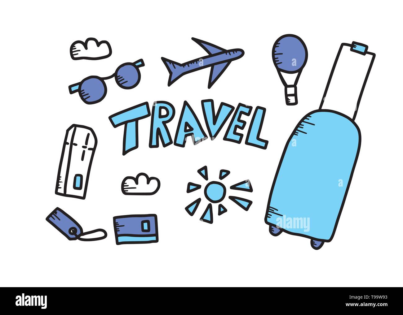 Set of travel symbols in doodle style. Hand drawn vector trip elements ...