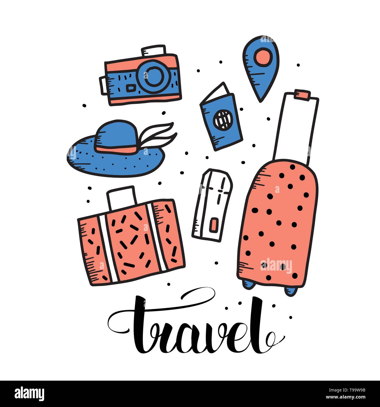Set of travel symbols in doodle style. Hand drawn vector trip elements ...