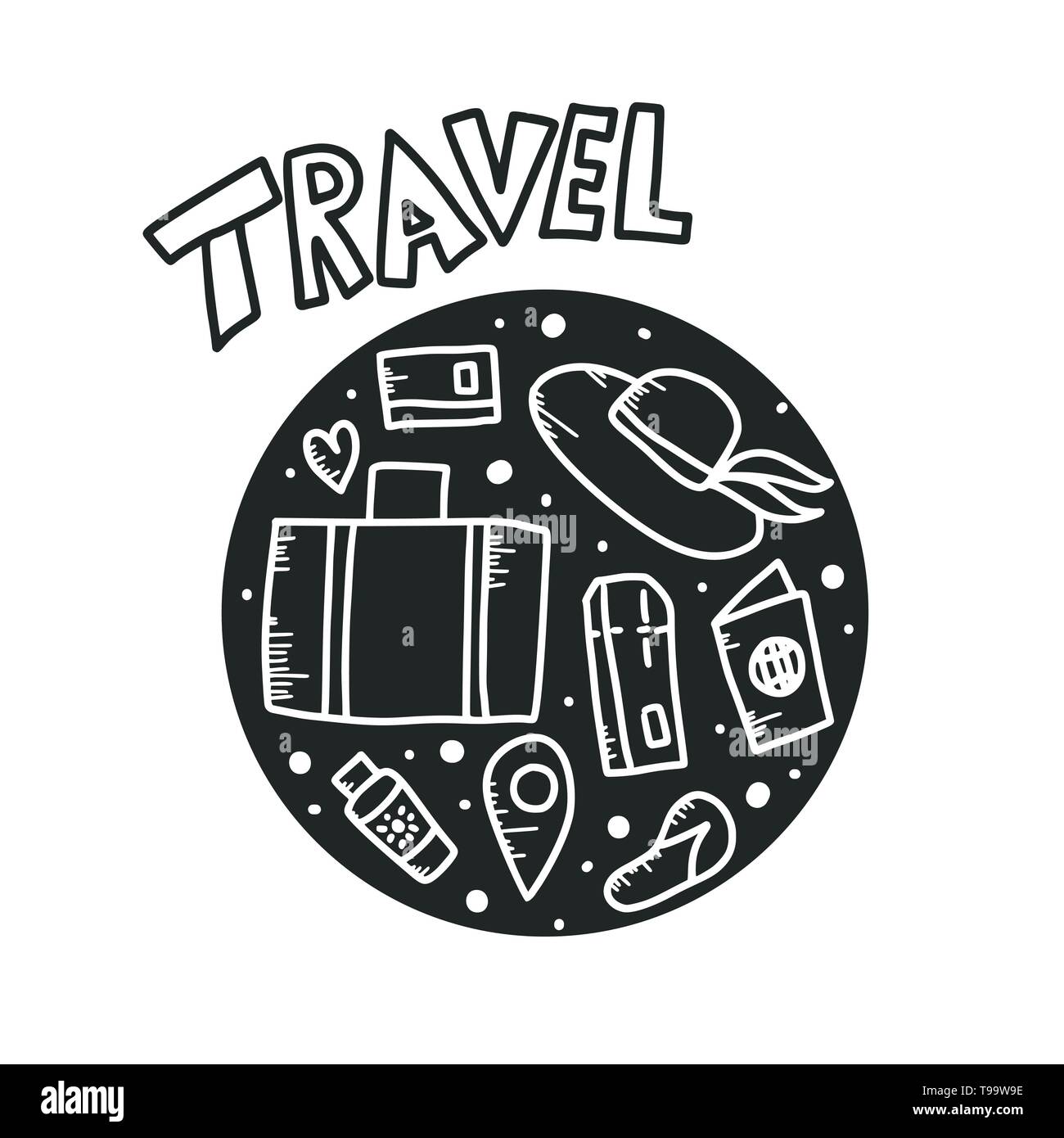 Round badge of travel symbols in doodle style. Hand drawn vector trip ...