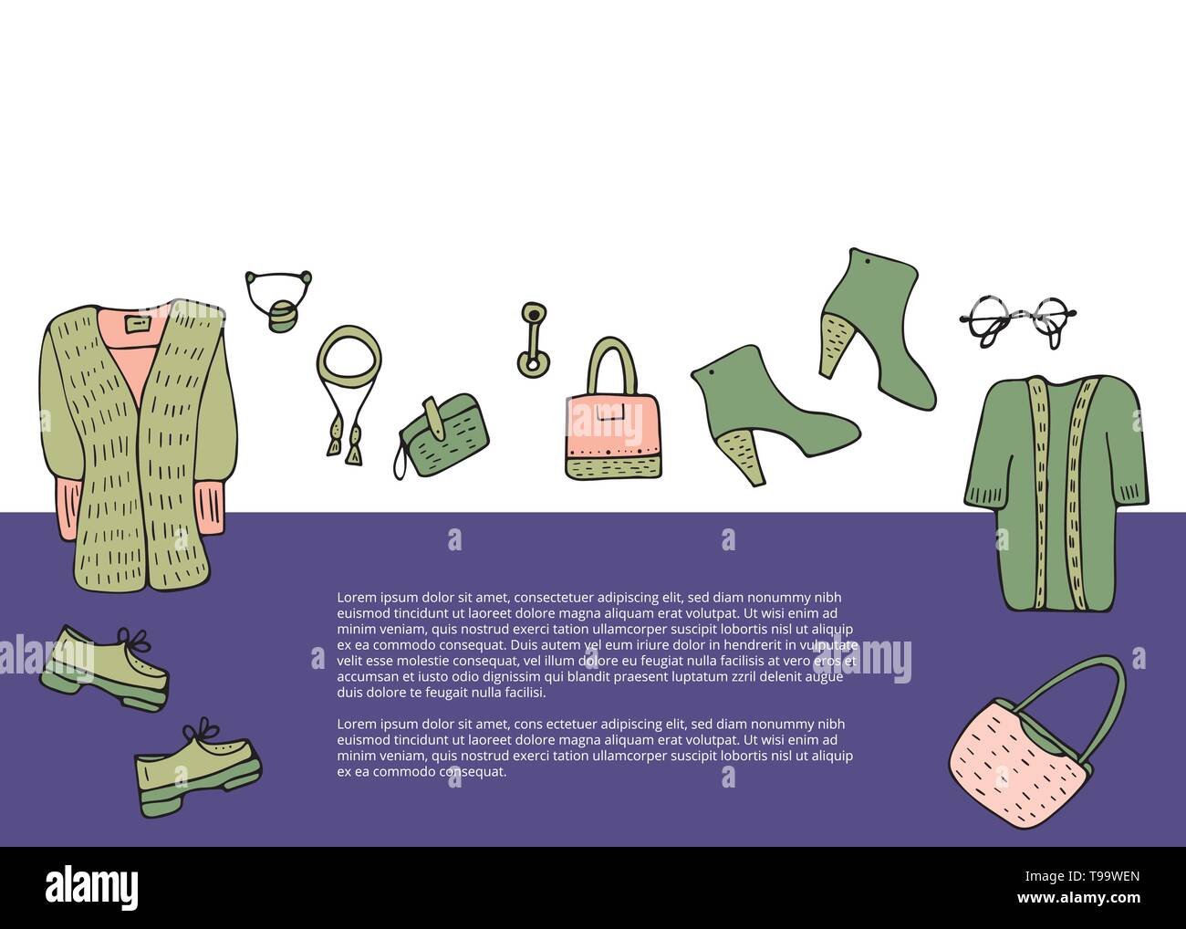 Banner template with woman clothes and accessories set in doodle style ...