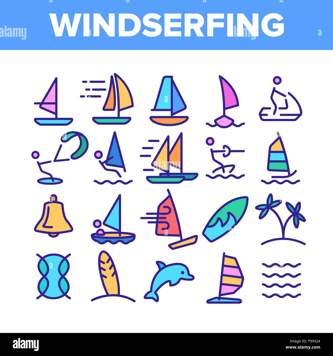 Water Skiing, Windsurfing Linear Vector Icons Set. Windsurfing Sport ...