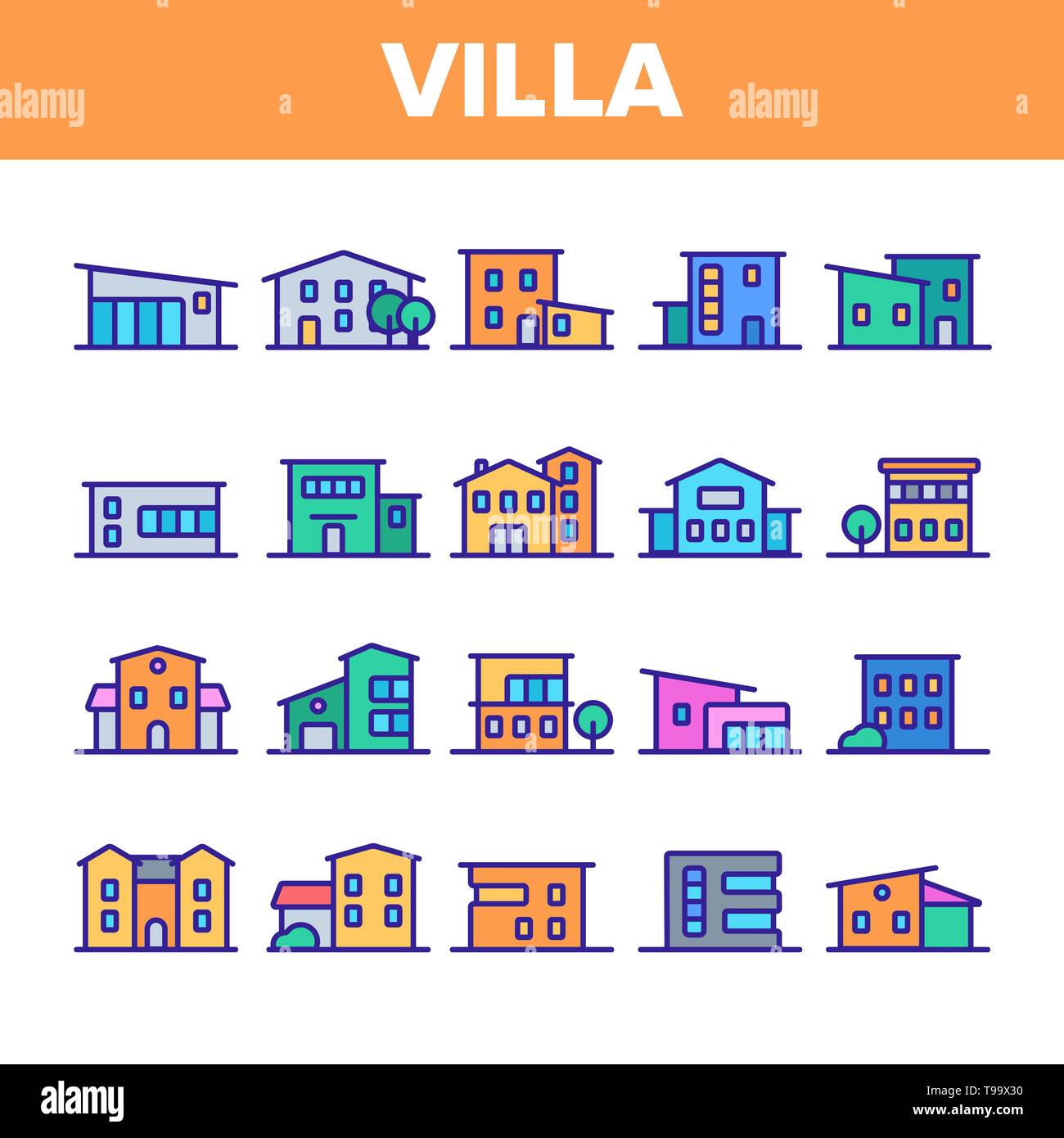 Luxurious Villa, Cottage Linear Vector Icons Set. Fashionable House ...
