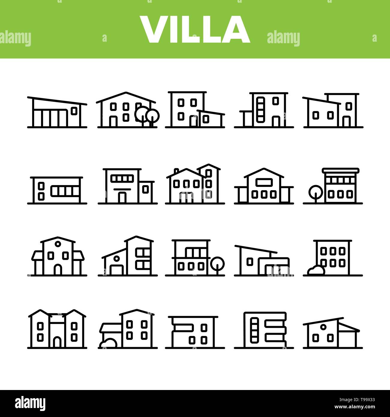 Luxurious Villa, Cottage Linear Vector Icons Set. Fashionable House ...