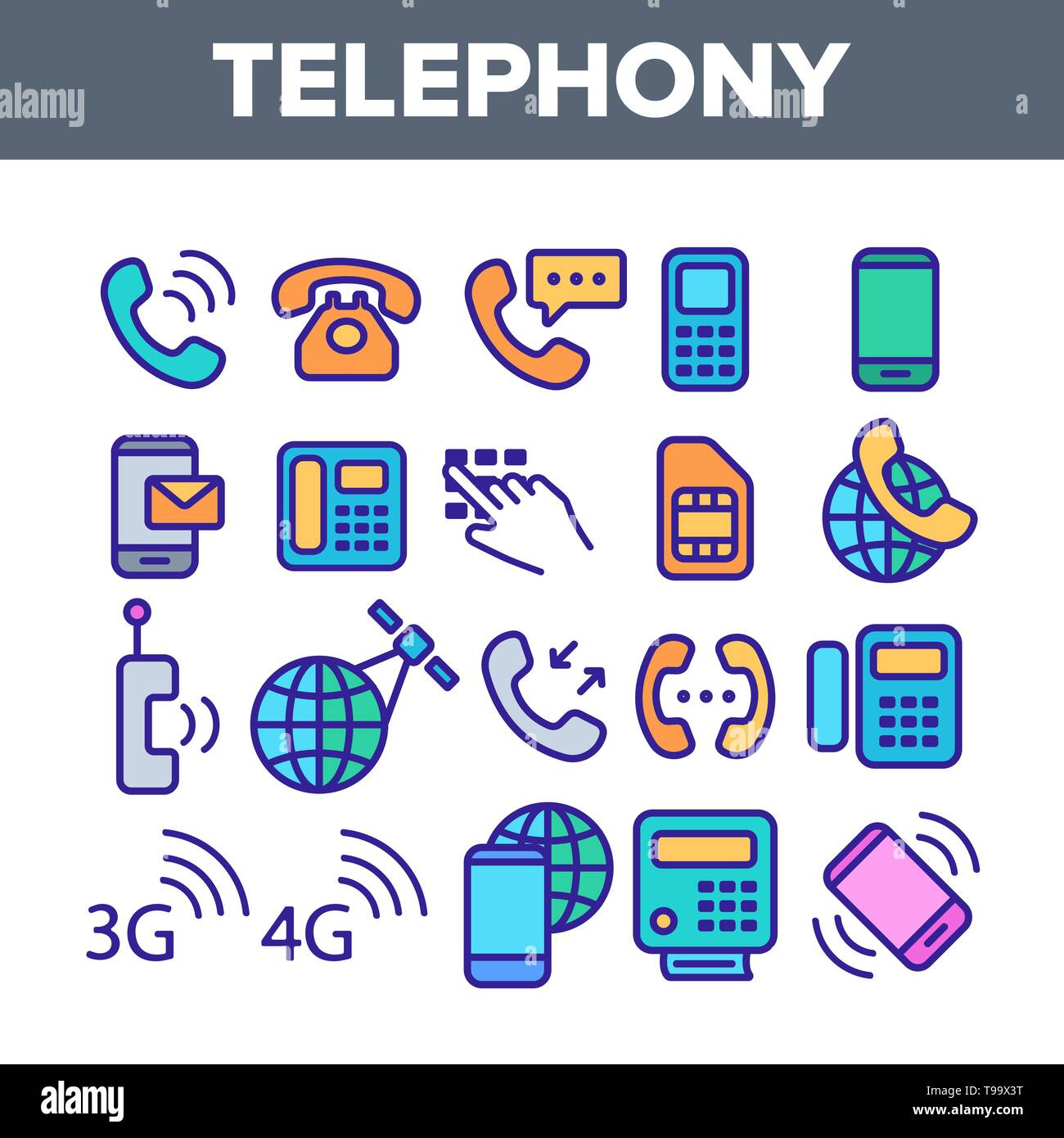 Global Telephony System Linear Vector Icons Set. Telephony, Mobile ...
