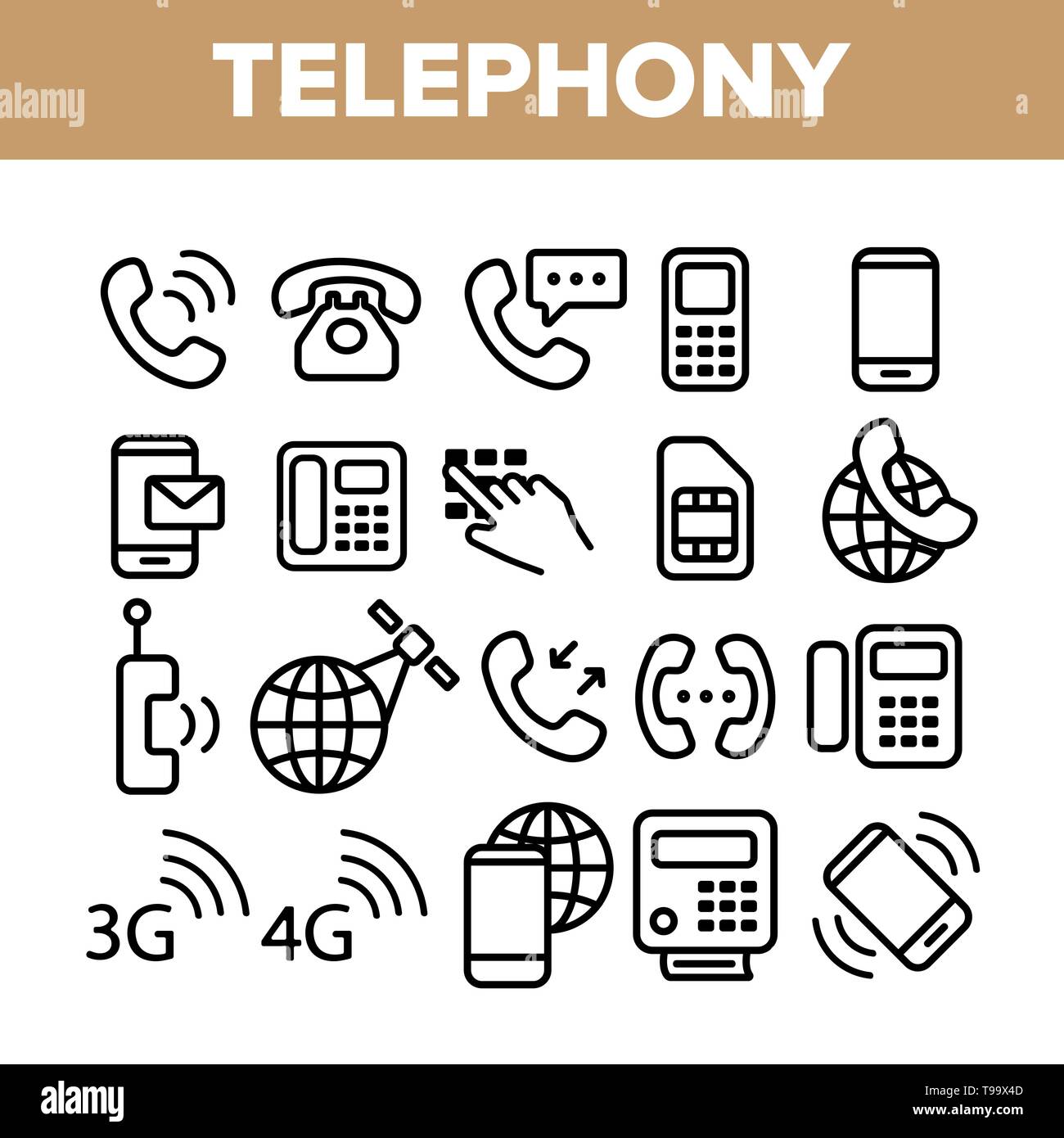 Global Telephony System Linear Vector Icons Set. Telephony, Mobile ...
