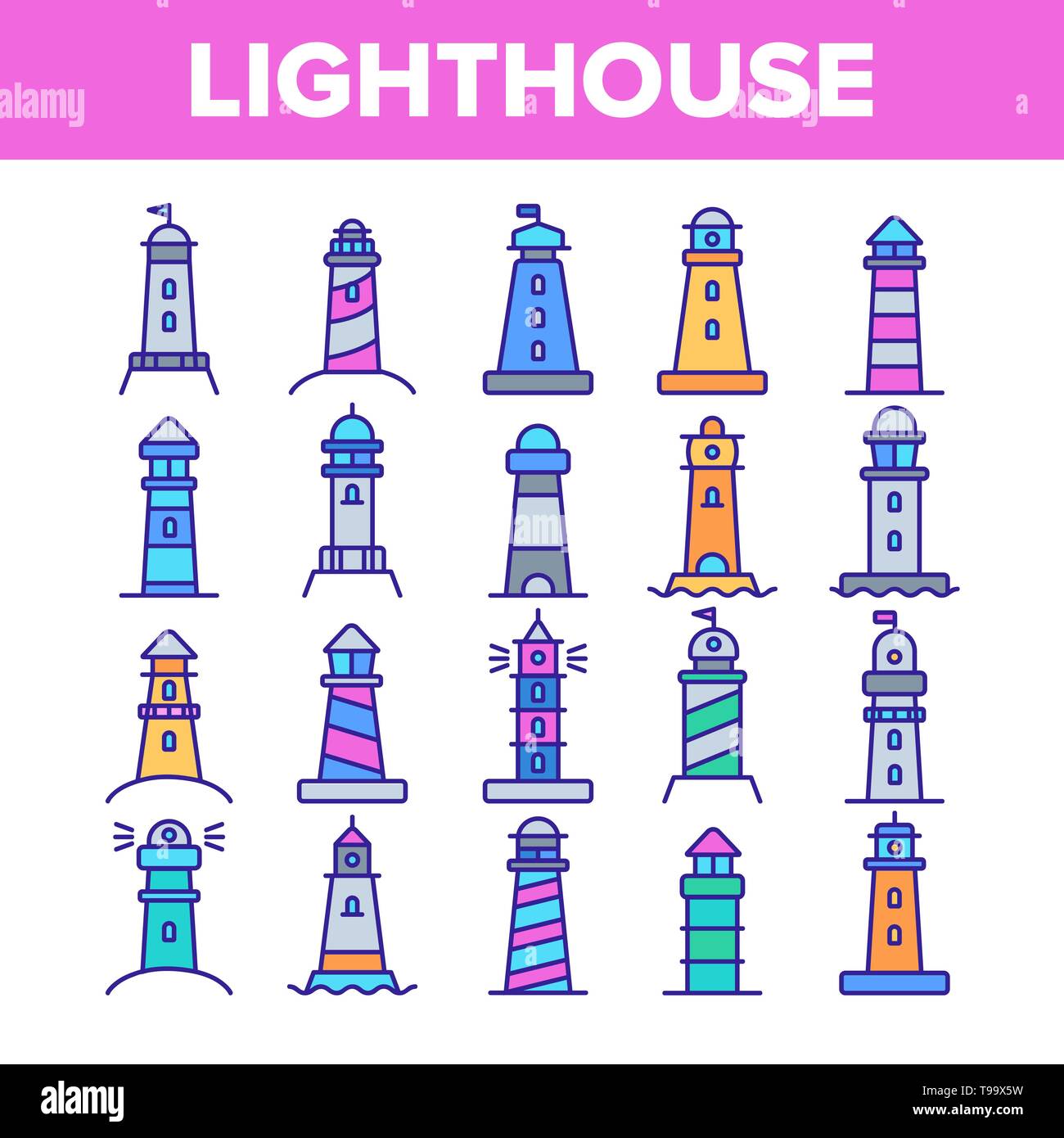 Lighthouse, Sea Beacon Linear Vector Icons Set. Lighthouse, Signal ...