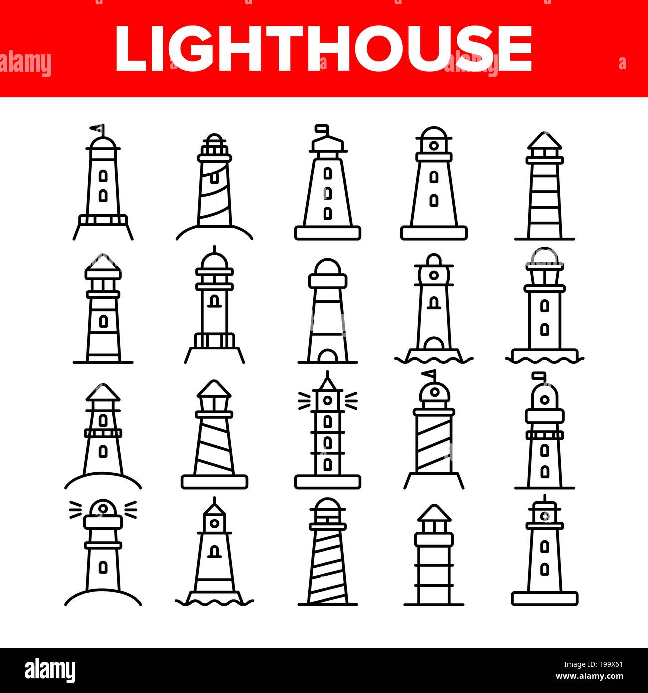Lighthouse, Sea Beacon Linear Vector Icons Set. Lighthouse, Signal ...