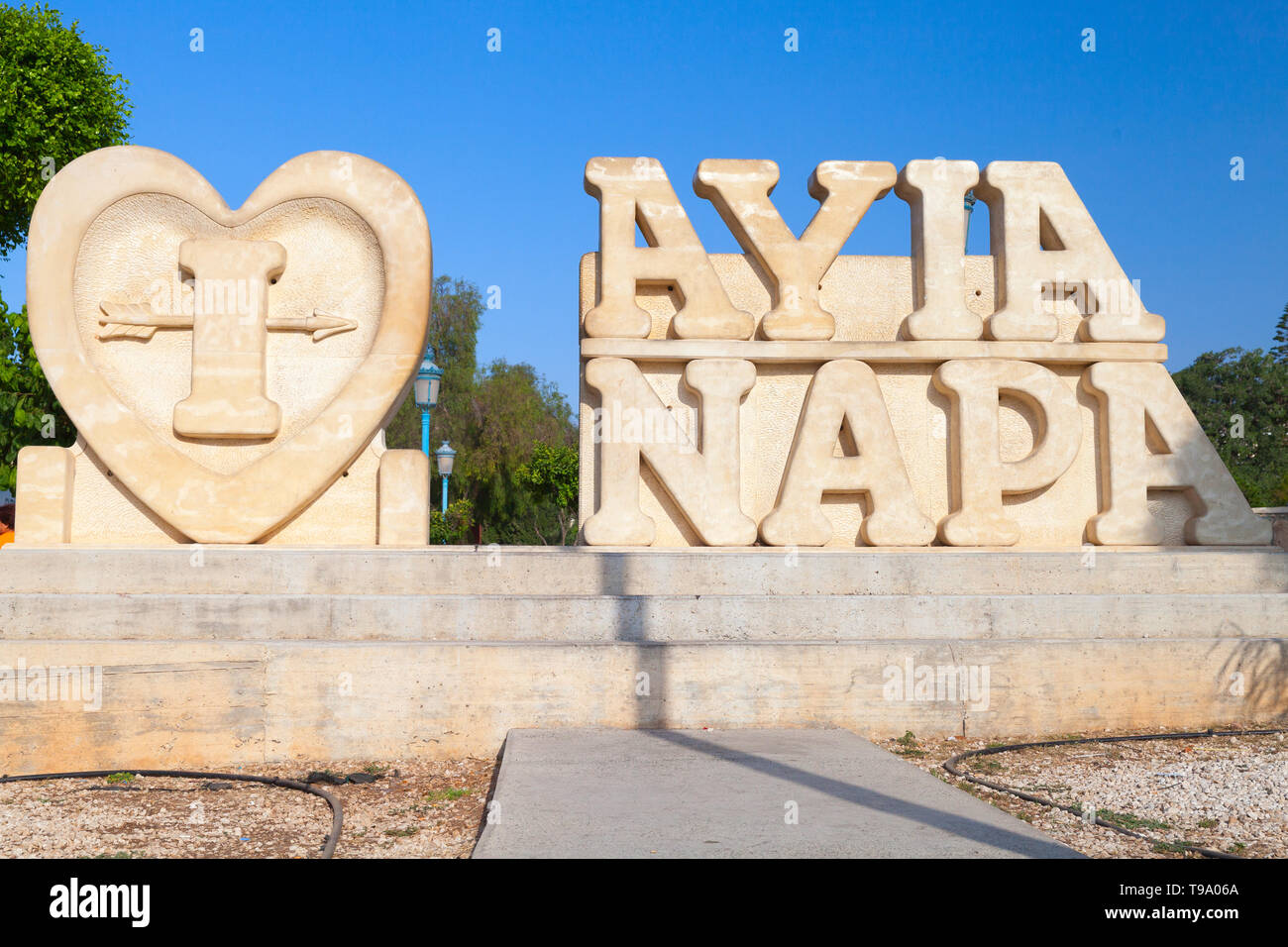 Ayia Napa, Cyprus - June 11, 2018: Town name sculpture monument in Ayia ...
