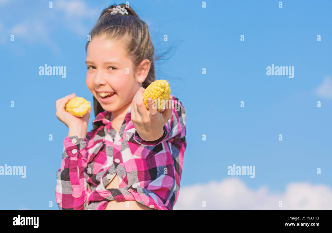 Harvesting and fun. Kids love corn food. Corn vegetarian and healthy ...