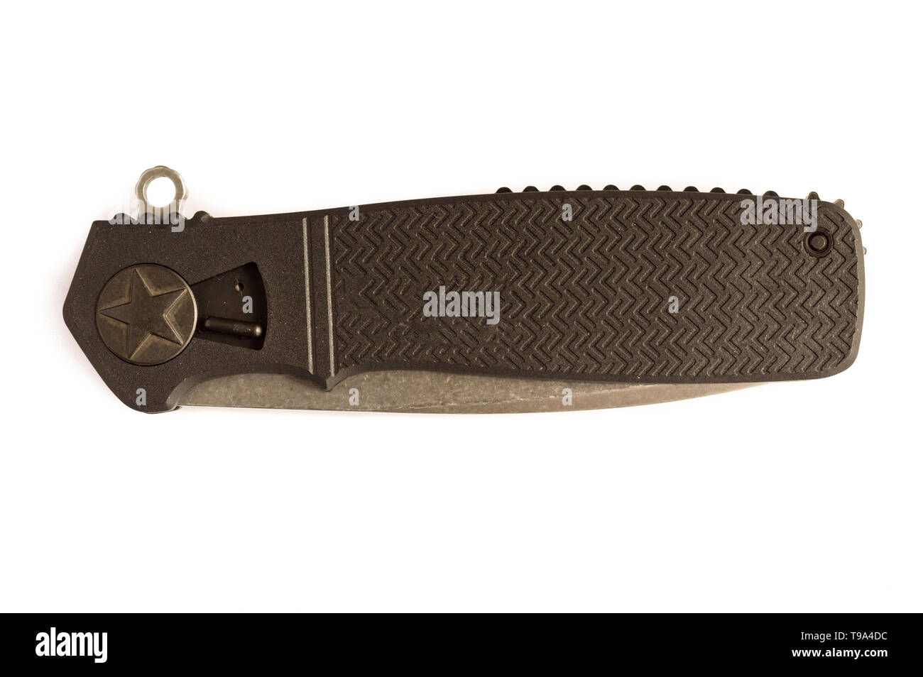 Folding knife with a black handle. Knife with a star Stock Photo - Alamy