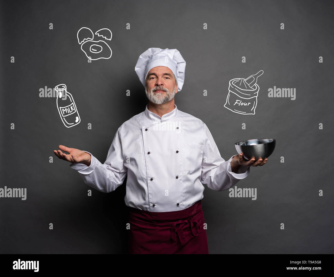 Image of chef planing what to cook on gray background.Chef thinking ...