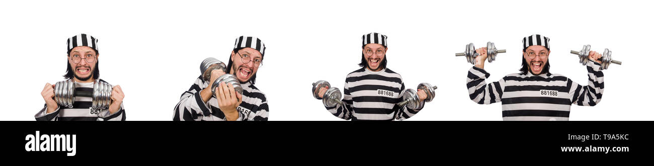 Prison inmate with dumbbells isolated on white Stock Photo - Alamy