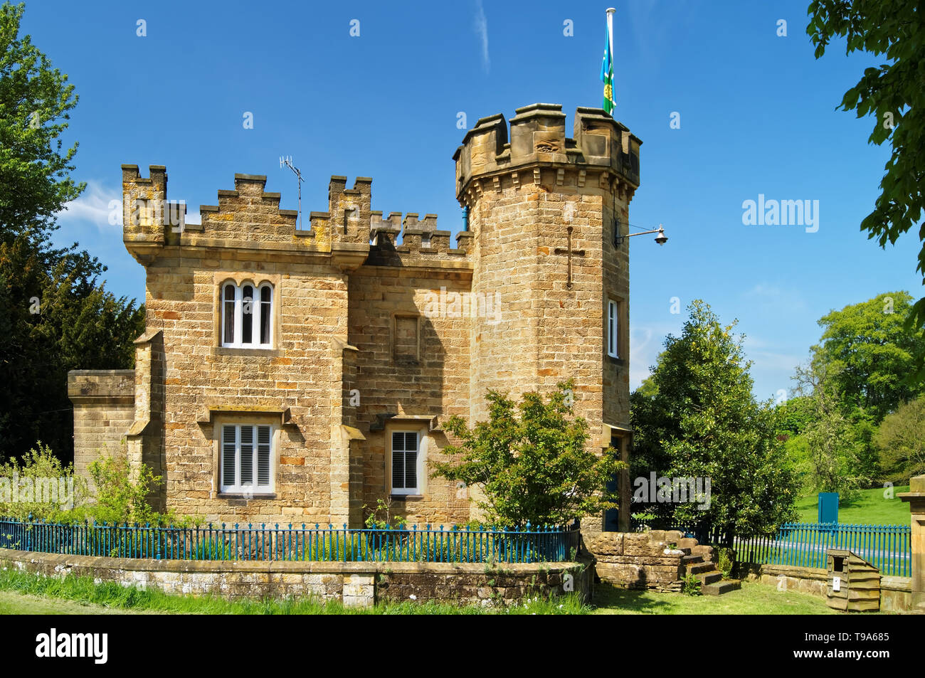 UK, Derbyshire, Peak District, Chatsworth Park, Edensor Castellated ...