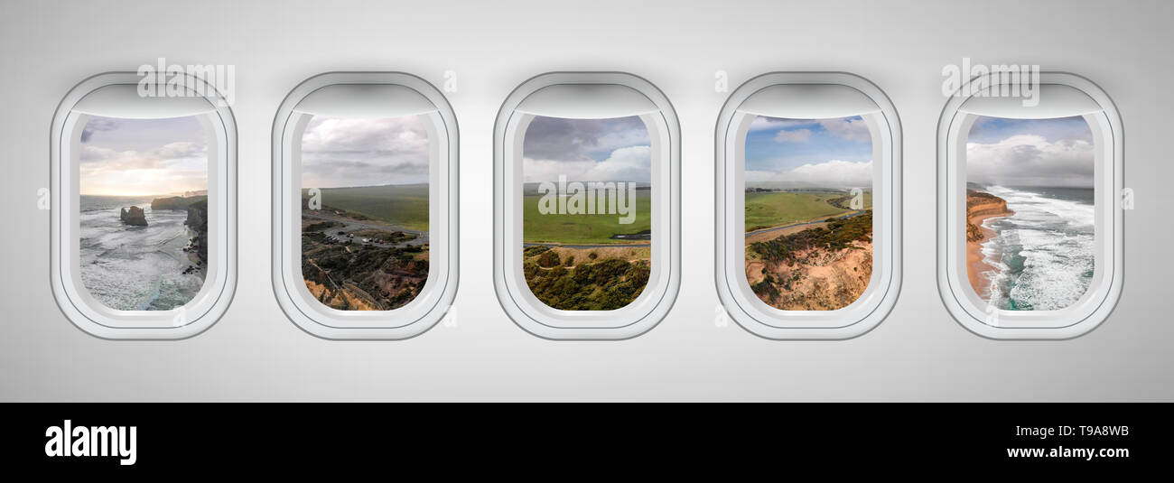 Twelve Apostles coastline as seen through five aircraft windows ...