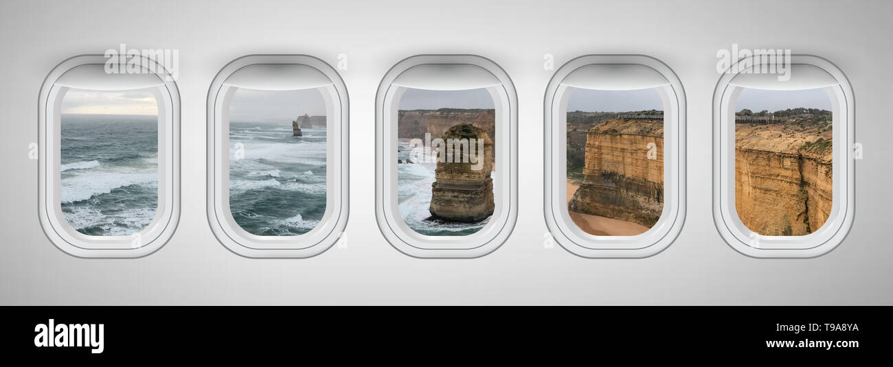 Twelve Apostles coastline as seen through five aircraft windows ...