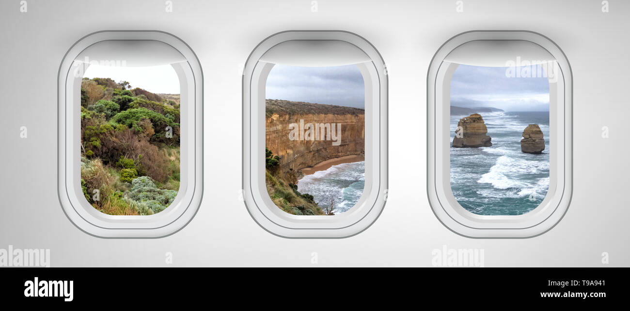 Twelve Apostles coastline as seen through three aircraft windows ...