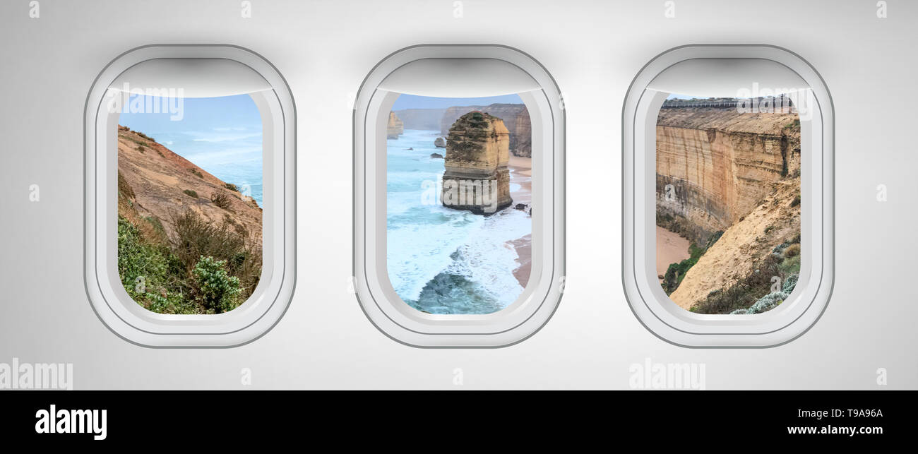 Twelve Apostles coastline as seen through three aircraft windows ...