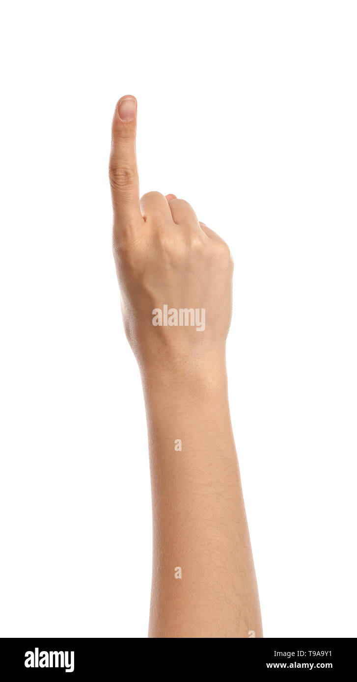 Female hand with raised index finger on white background Stock Photo ...