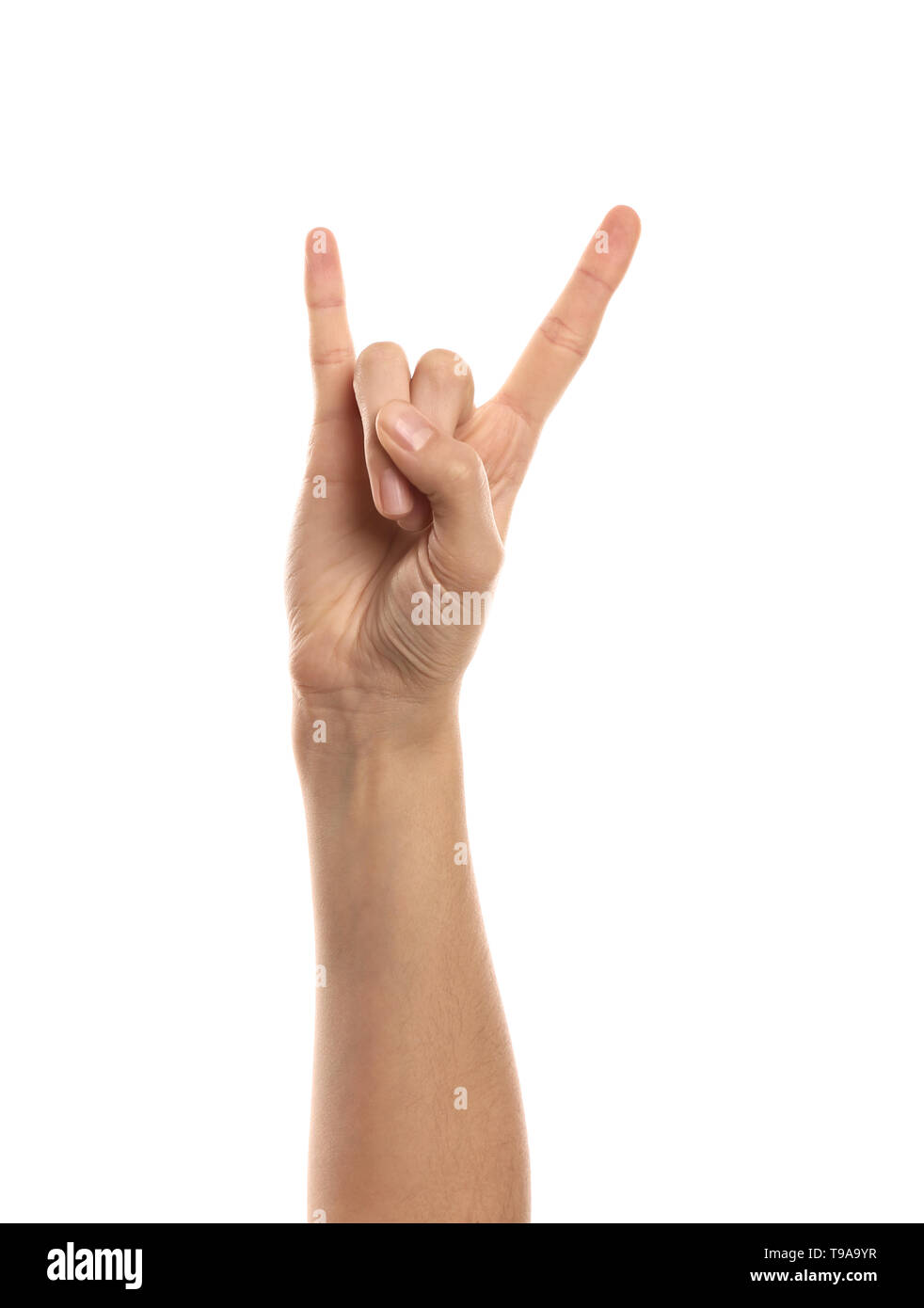 Female hand showing "devil horns" gesture on white background Stock ...